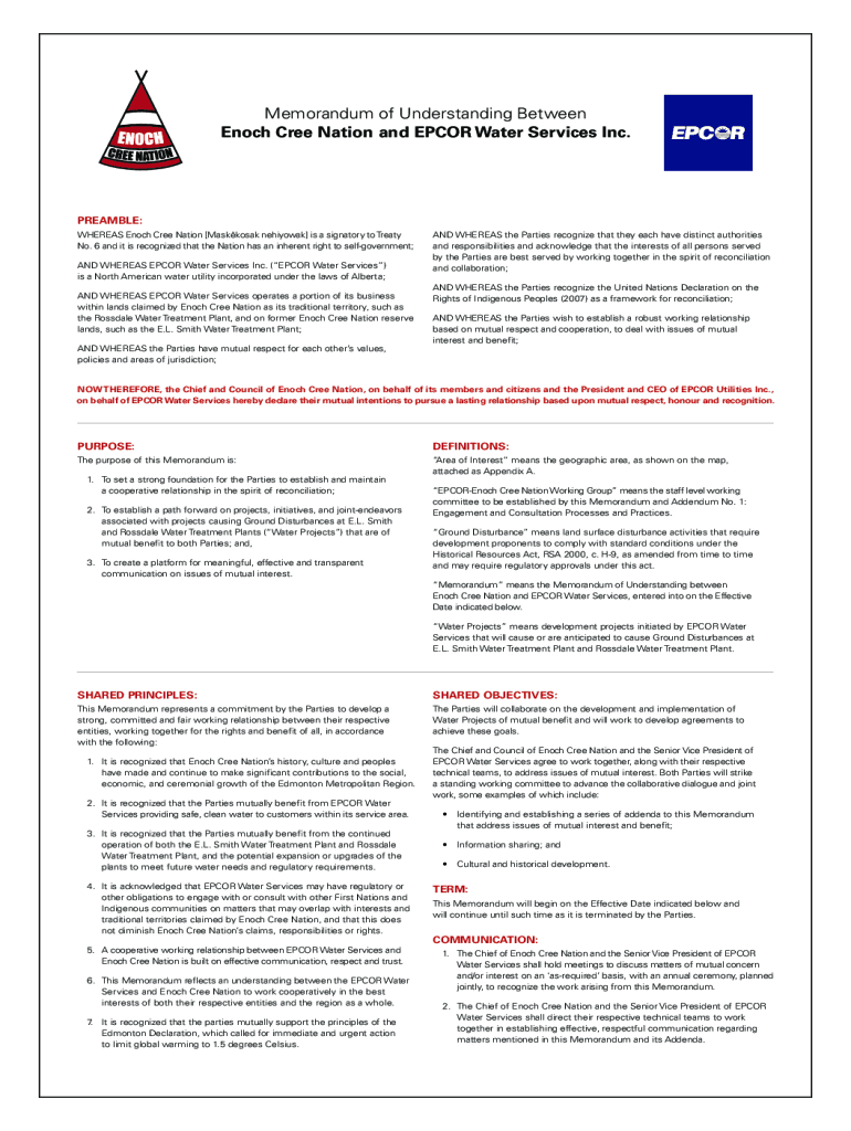 Fillable Online Enoch Cree Nation, EPCOR formalize agreement to work ...