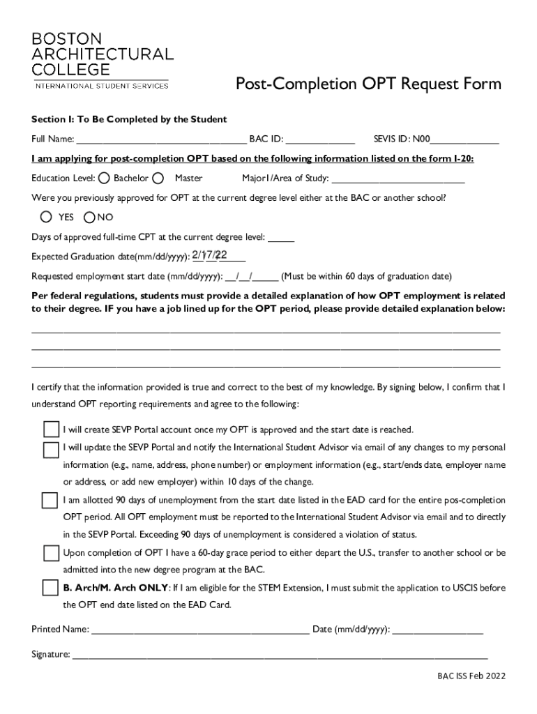 Fillable Online Request for Post-Completion Optional Practical Training ...