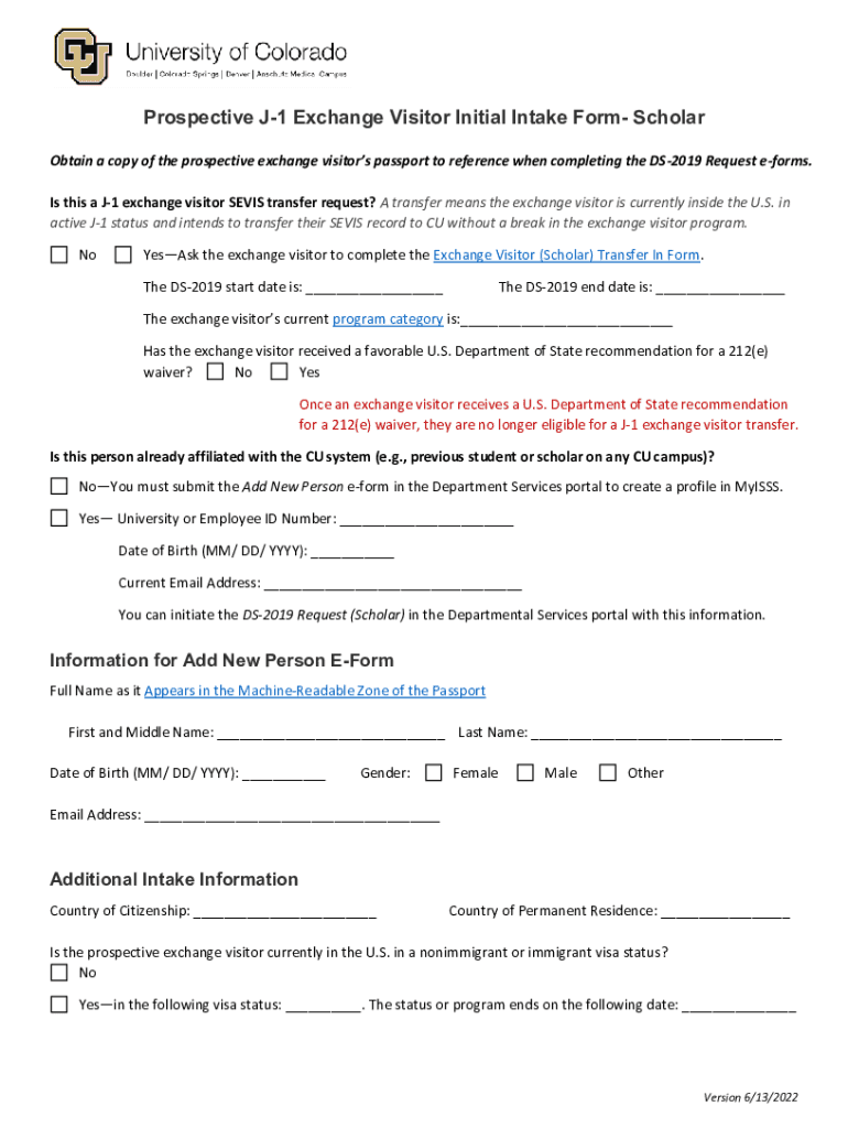 Fillable Online Prospective J-1 Exchange Visitor Initial Intake Form ...