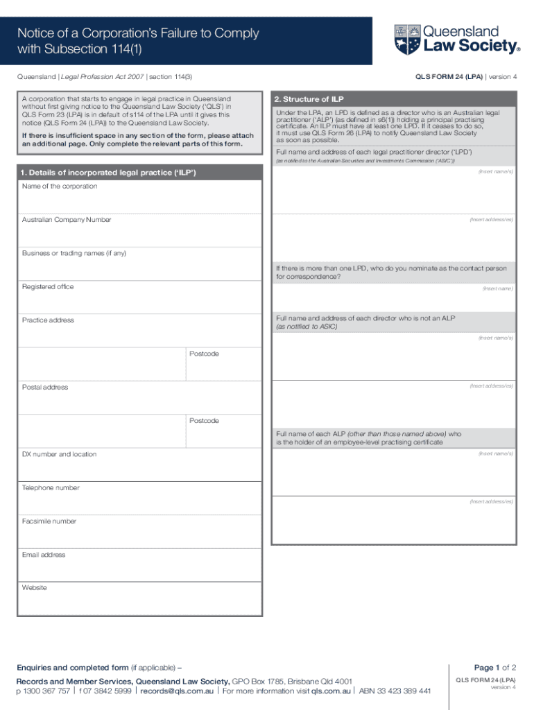 Fillable Online QLS Form 24 (LPA) version 3Notice of a Corporation's ...