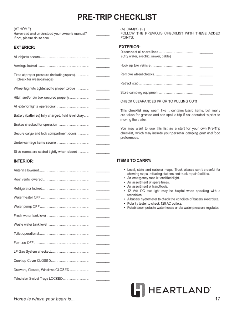 Fillable Online Pre-Trip Inspection List - Unique RV Camping with ...