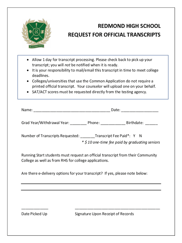 Fillable Online Redmond High School Transcript RequestRedmond, WA Fax ...