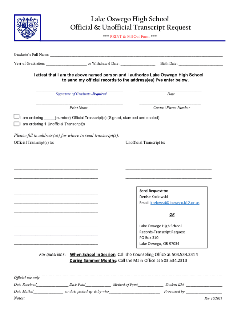 Fillable Online Lake Oswego High School Official & Unofficial Transcript Request Fax Email Print ...