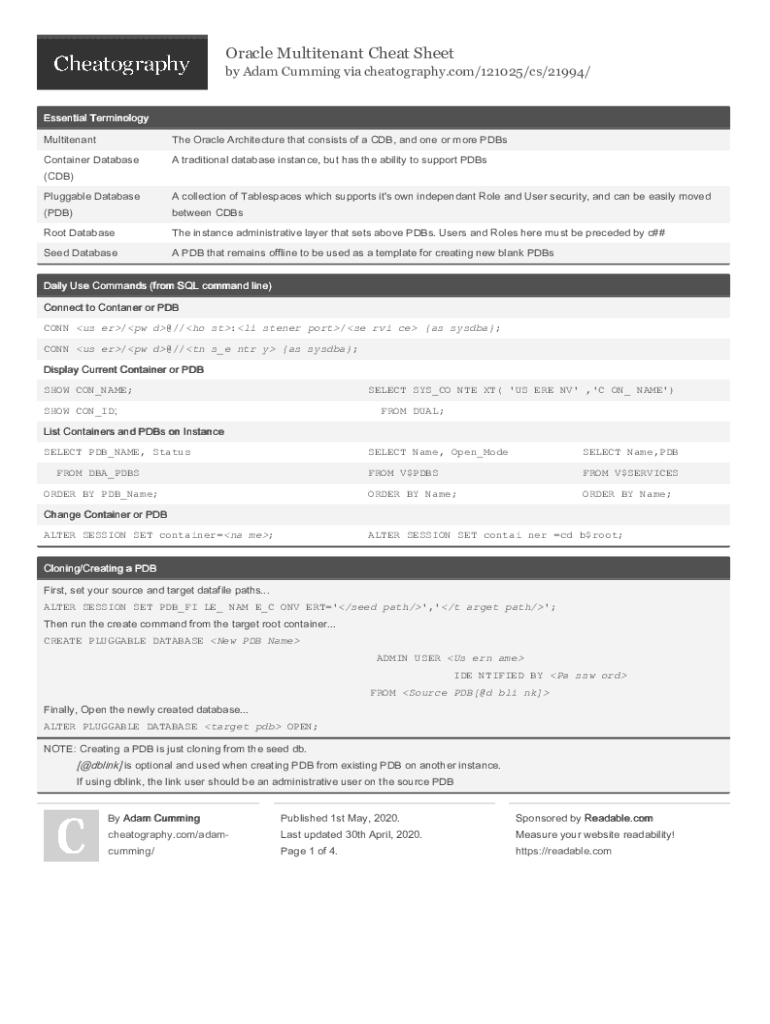Fillable Online Oracle Multitenant Cheat Sheet by Adam Cumming ...