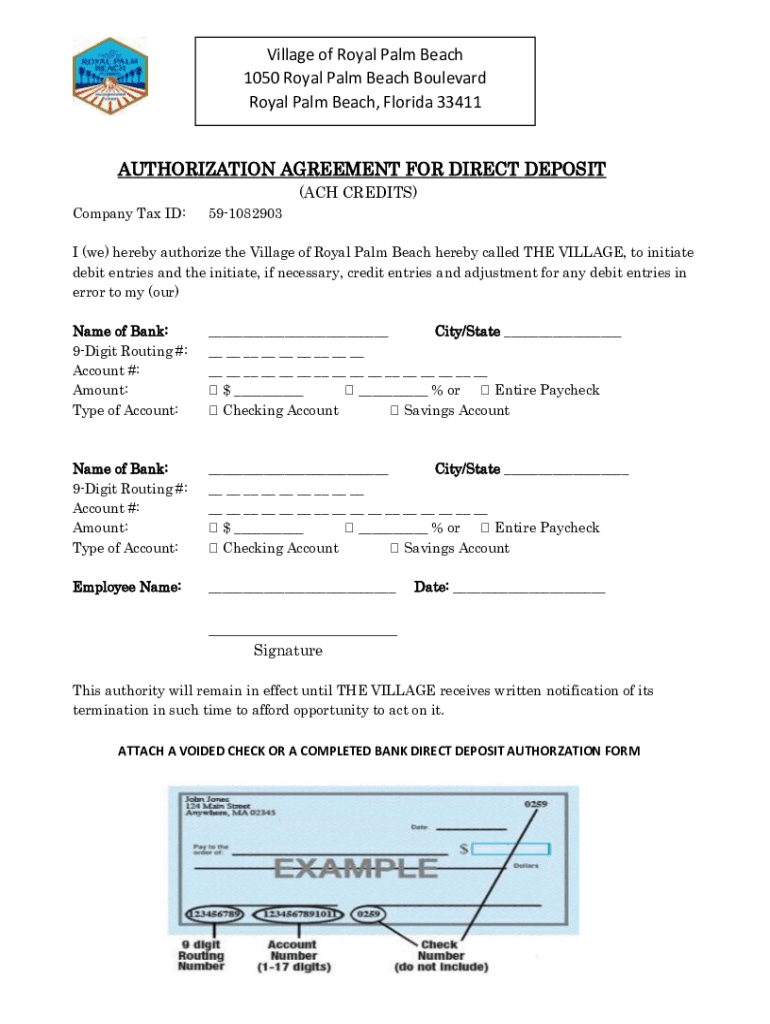 Fillable Online AUTHORIZATION AGREEMENT FOR DIRECT DEPOSIT Village of ... Fax Email Print ...