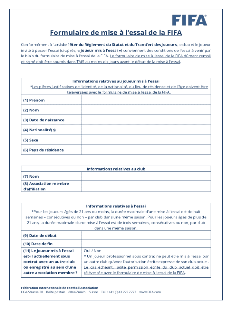 FIFA Trial Form - Modèle vierge à remplir | Remplir, Imprimer et ...