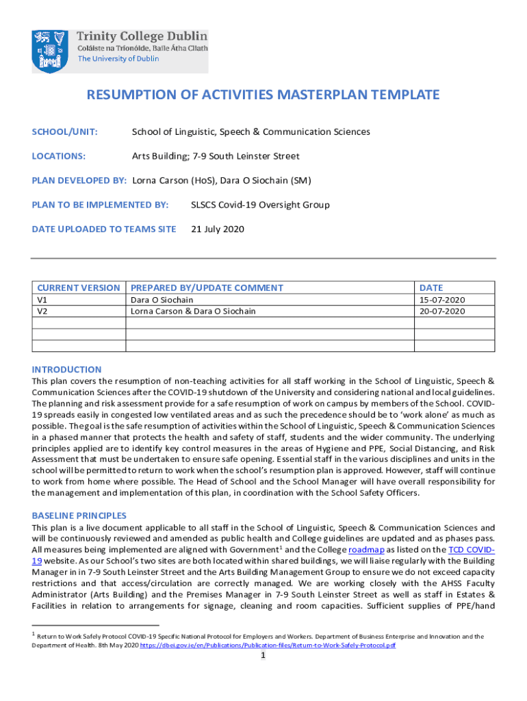 Fillable Online RESUMPTION OF ACTIVITIES MASTERPLAN TEMPLATE Fax Email ...