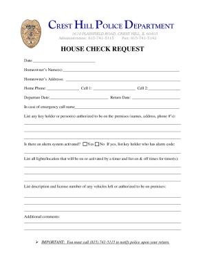 Fillable Online CREST HILL POLICE DEPARTMENT HOUSE CHECK REQUEST Fax ...