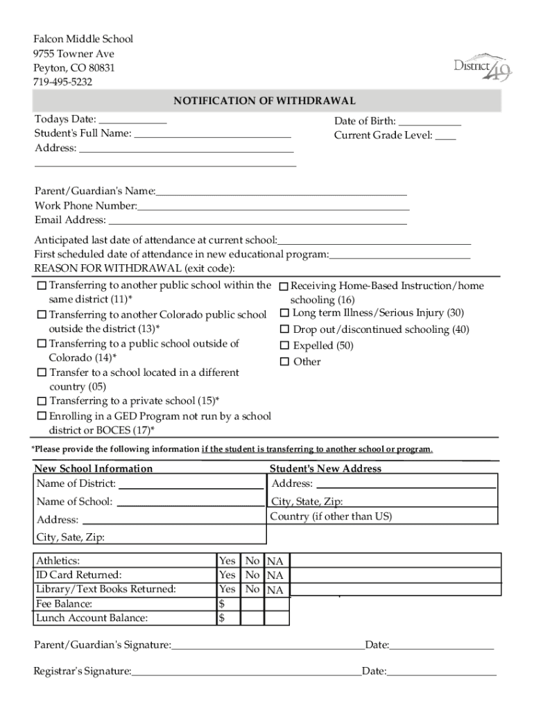 Fillable Online Forms - Notification Of Withdrawal 1-Pg. PowerSchool Report Fax Email Print ...