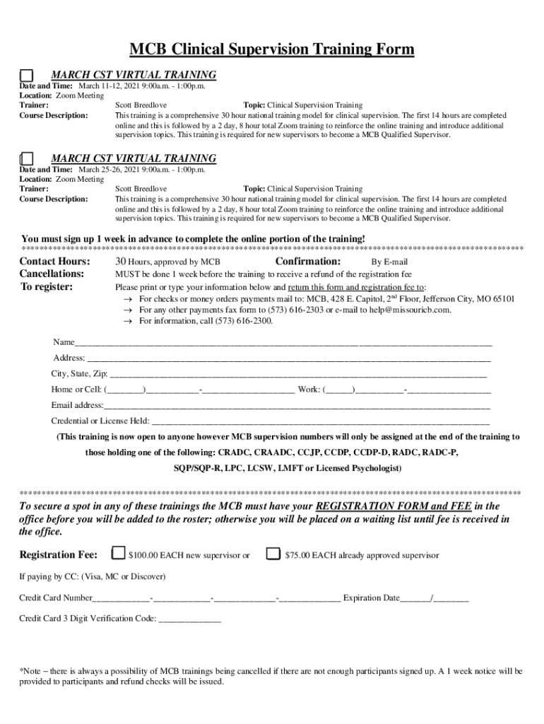 Fillable Online Fillable MCB Clinical Supervision Training Form (Missouri ... Fax Email Print ...