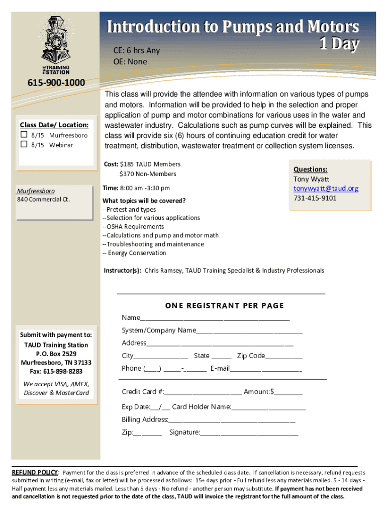 Fillable Online Introduction to Pumps and Motors 1 Day Fax Email Print - pdfFiller
