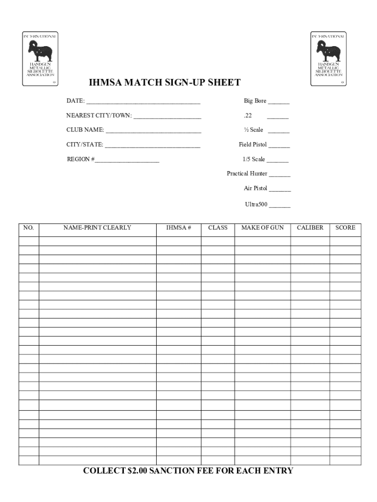 Fillable Online IHMSA MATCH SIGN-UP SHEET Fax Email Print - pdfFiller