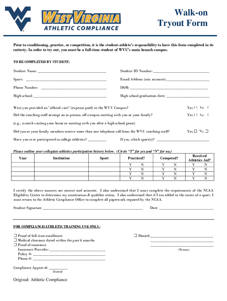 Fillable Online Walk-on Tryout Form Fax Email Print - pdfFiller