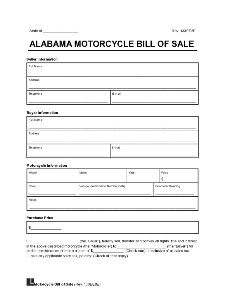 Fillable Online Free Alabama Motor Vehicle Bill of Sale Form - Word ...