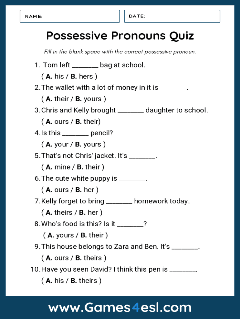 Fillable Online Circle the correct possessive pronoun in ( ) for each ...