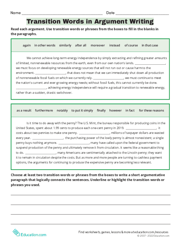 Fillable Online Transition Words in Argument Writing Fax Email Print ...