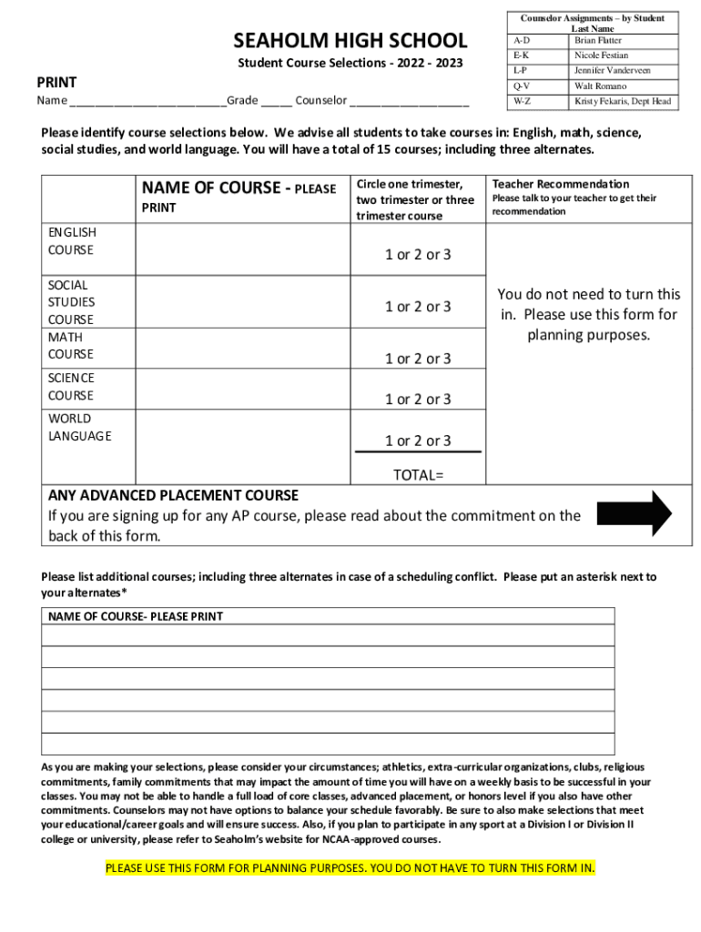 Fillable Online School Counselor Assignments by Grade/Advisory Fax ...