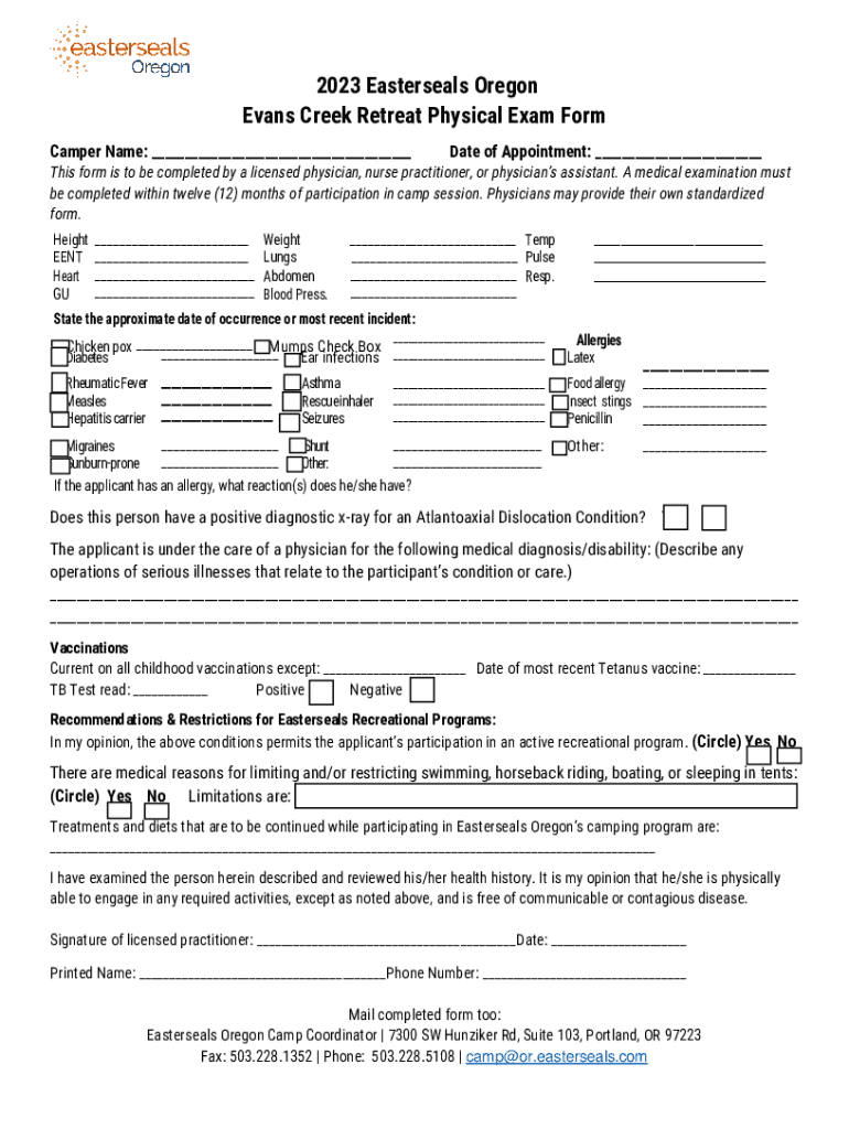 Fillable Online 2023 Easterseals Oregon Evans Creek Retreat Physical ...