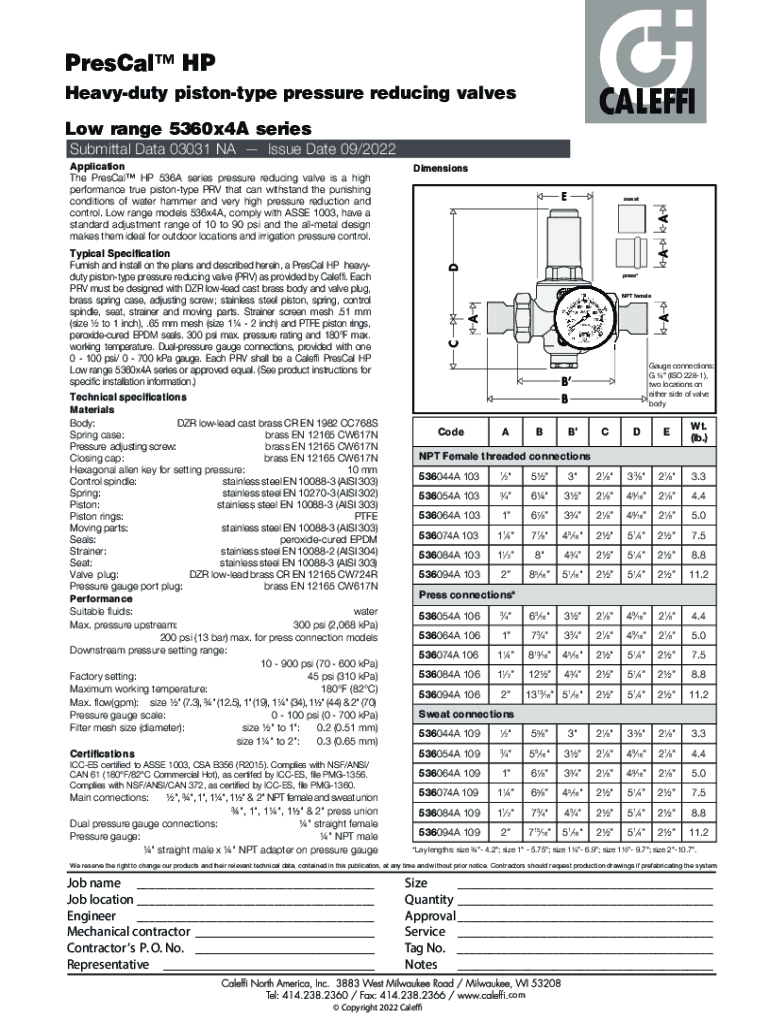 Fillable Online PresCal - Pre-Adjustable Pressure Reducing Valves (Caleffi) Fax Email Print ...
