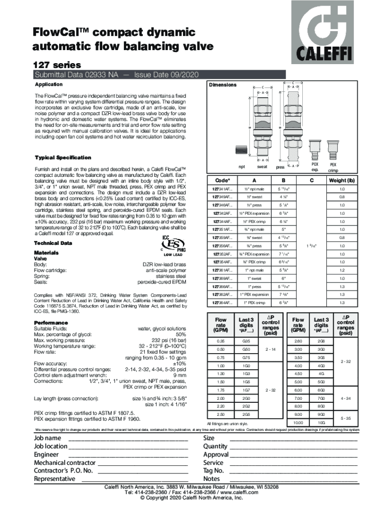 Fillable Online FlowCal compact dynamic automatic flow balancing valve ...