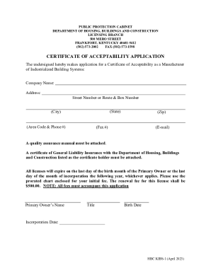 Fillable Online dhbc ky CERTIFICATE OF ACCEPTABILITY APPLICATION Fax ...