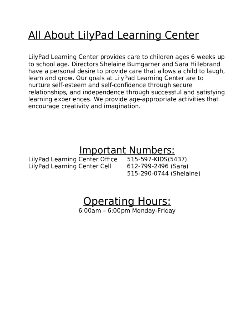 All About LilyPad Learning Center Doc Template | pdfFiller