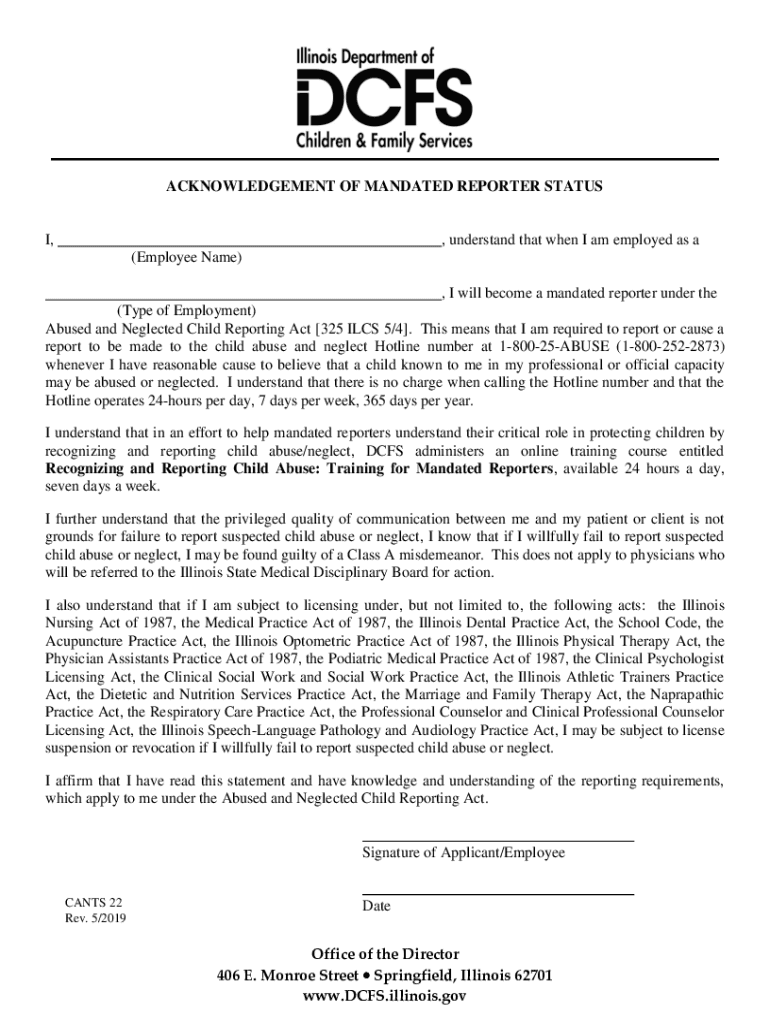 Fillable Online CANTS 22 Acknowledgment of Mandated Reporter Status ...