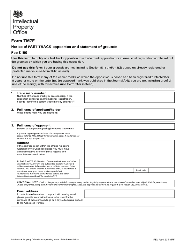 Fillable Online Notice of fast track opposition and statement of ...