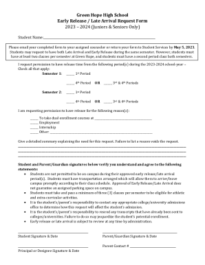 Fillable Online Green Hope High School Early Release / Late Arrival ...