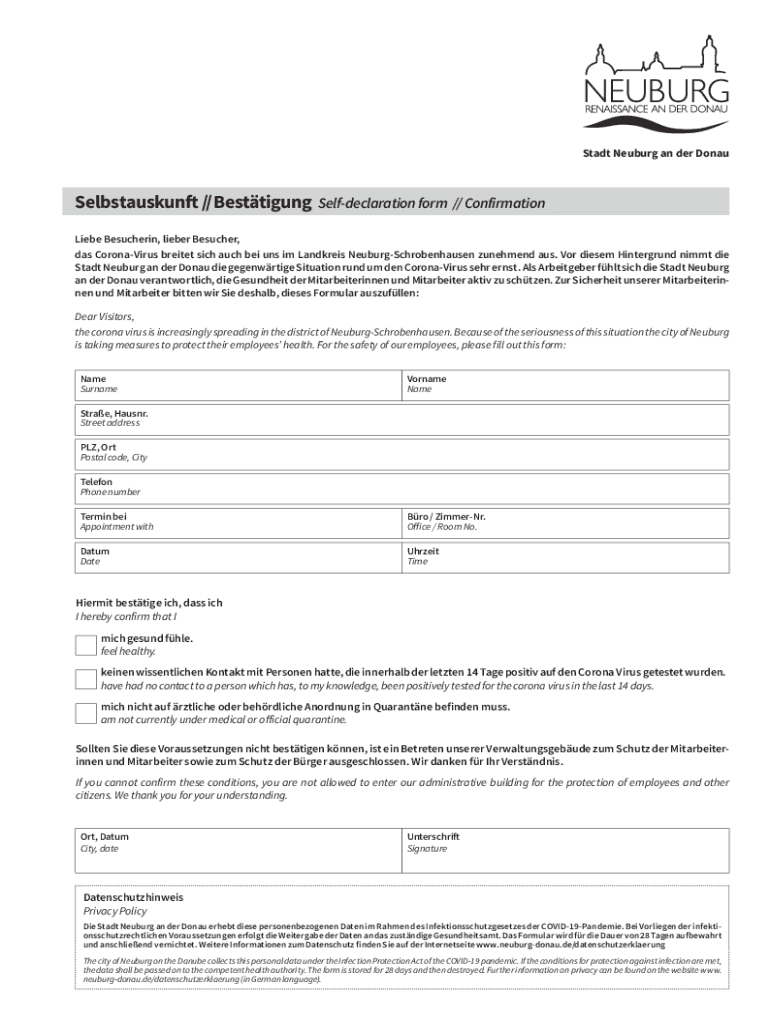 Ausfüllbar Online Selbstauskunft// Besttigung Self-declaration form // ... Fax Email Drucken ...