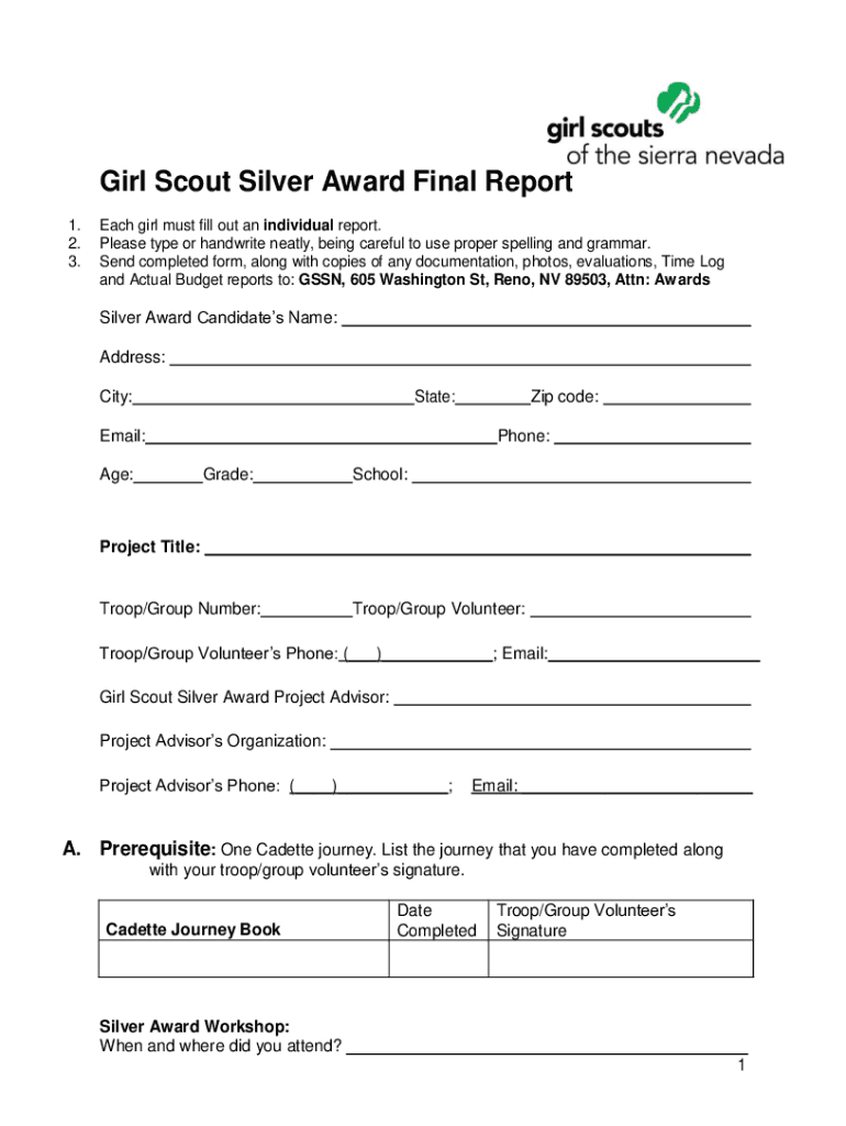 Fillable Online Girl Scout Silver Award Final Report. Girl Scout Silver ...