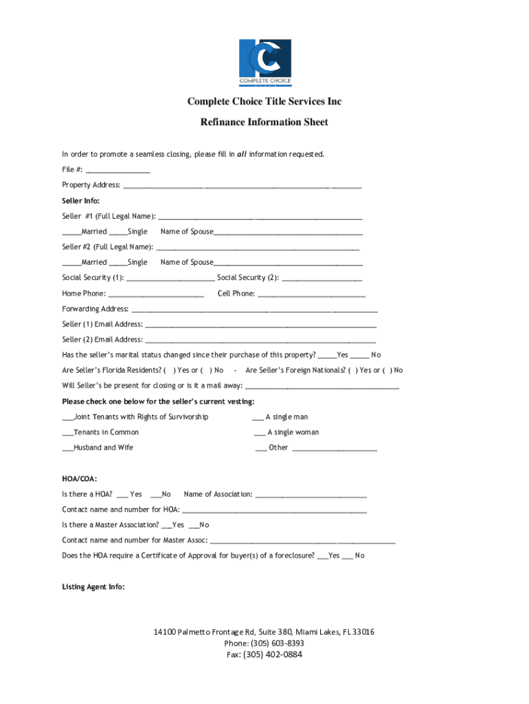Fillable Online Refinance Information Sheet Fax Email Print - pdfFiller