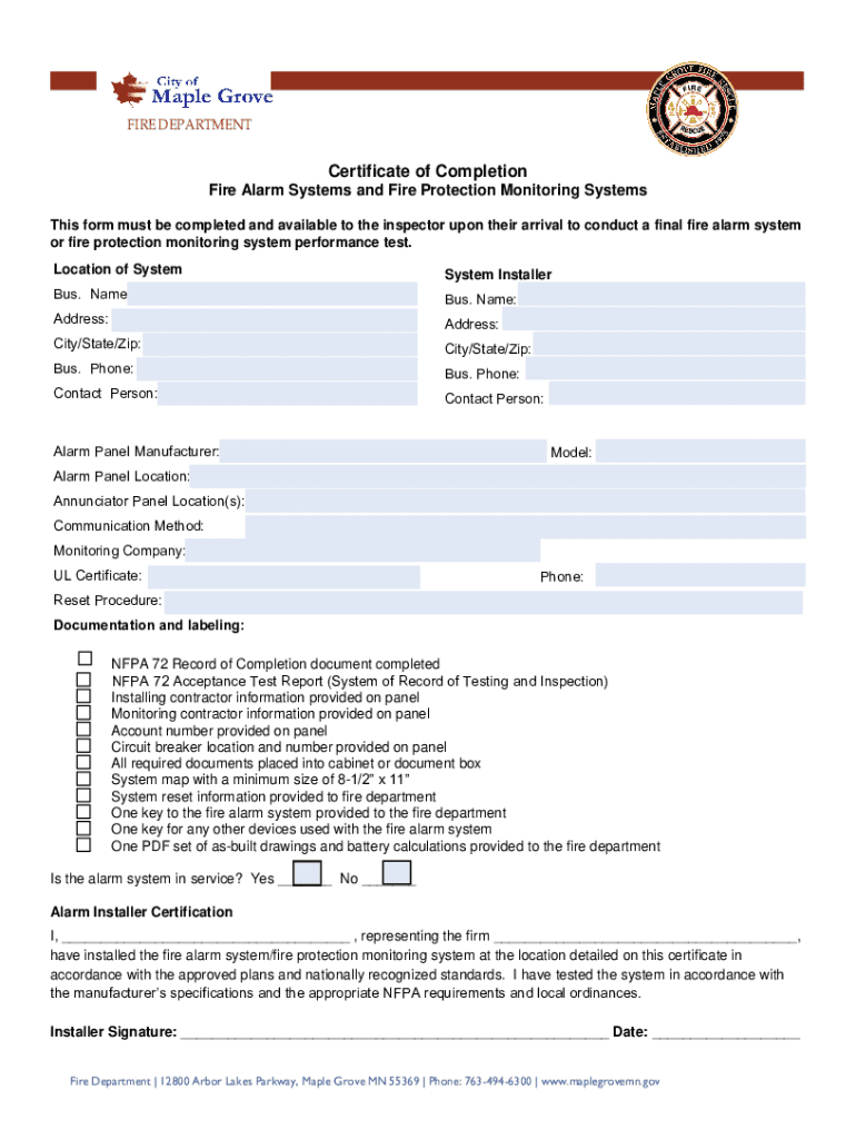 Fillable Online Fire Alarm Certificate of Completion Maple Grove, MN ...