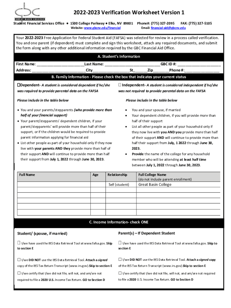Fillable Online 2022-2023 Form #5 - Custom Verification Worksheet Fax Email Print - pdfFiller