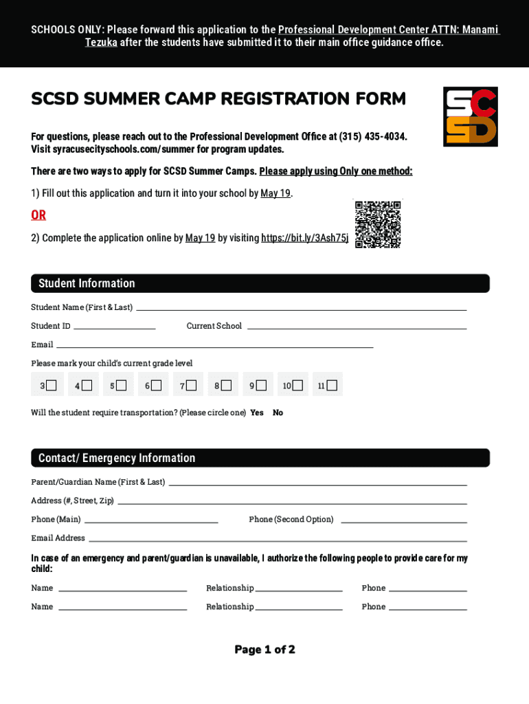 Fillable Online SCSD SUMMER CAMP REGISTRATION FORM Fax Email Print ...