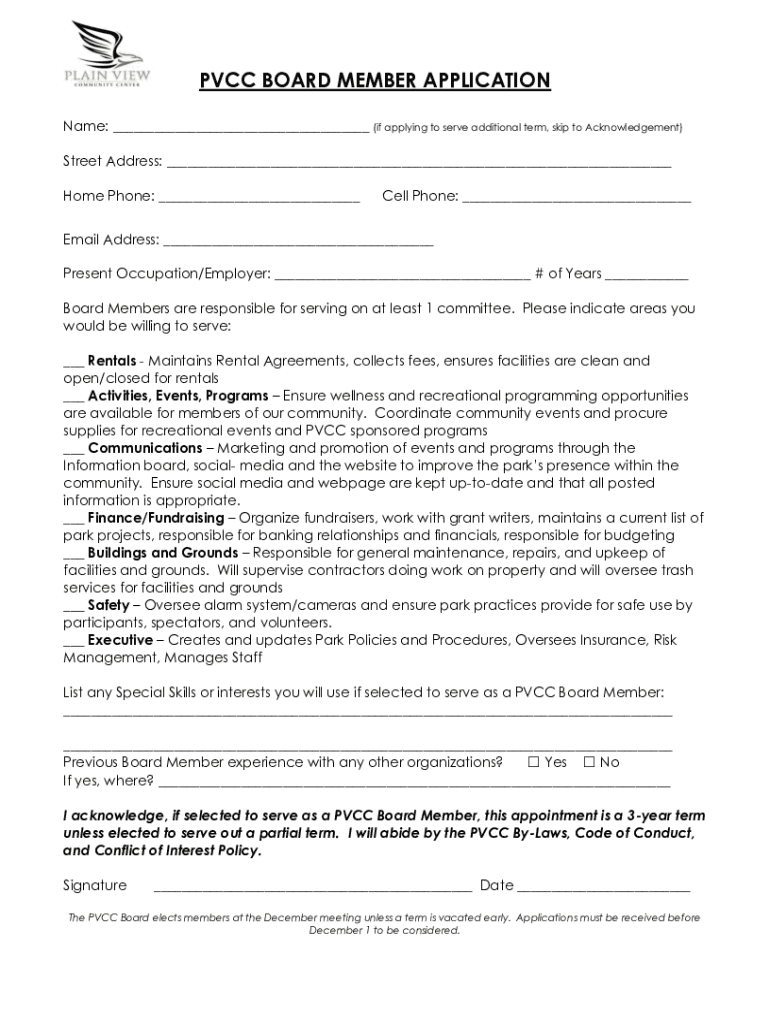 Fillable Online PVCC BOARD MEMBER APPLICATION Fax Email Print - pdfFiller Fillable Online PVCC BOARD MEMBER APPLICATION Fax Email Print - pdfFiller