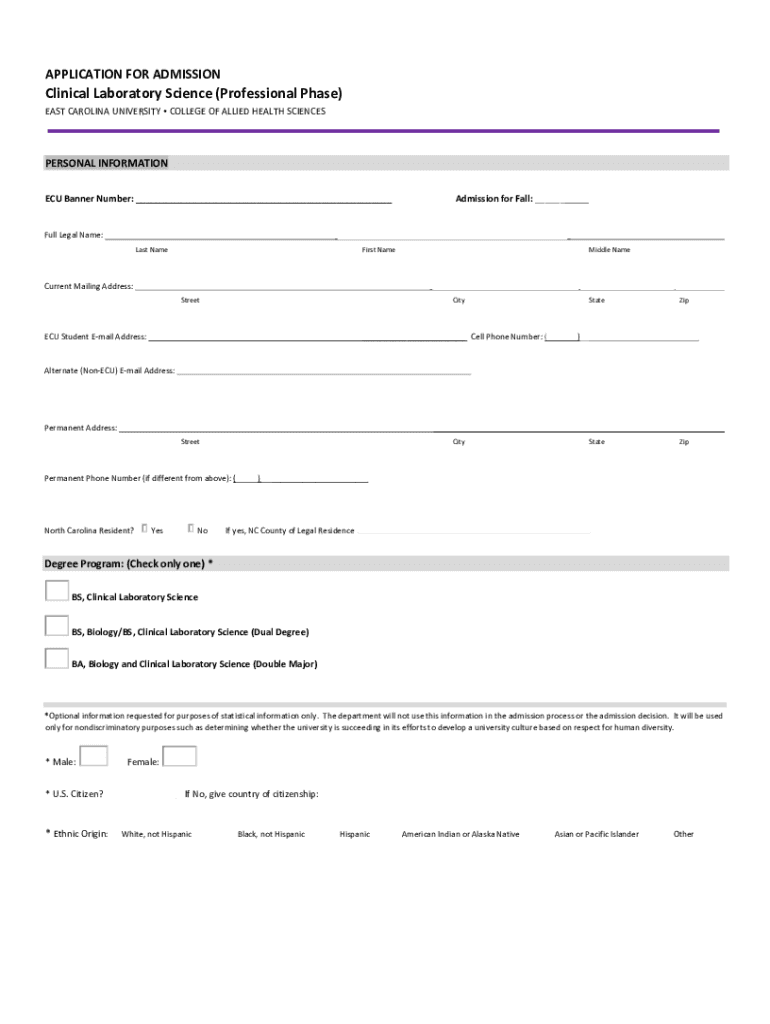 Fillable Online Application for - Clinical Laboratory ScienceECU Fax ...