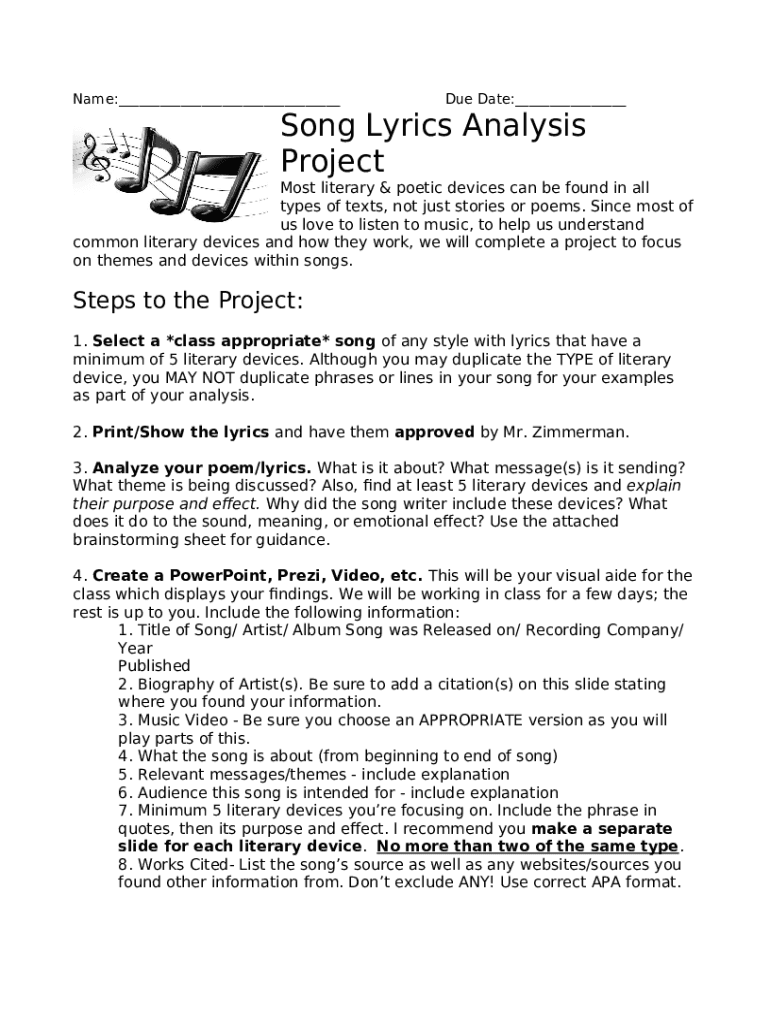 Song Lyric Analysis Assignment 1 .doc - Name: Due Date Doc Template | pdfFiller