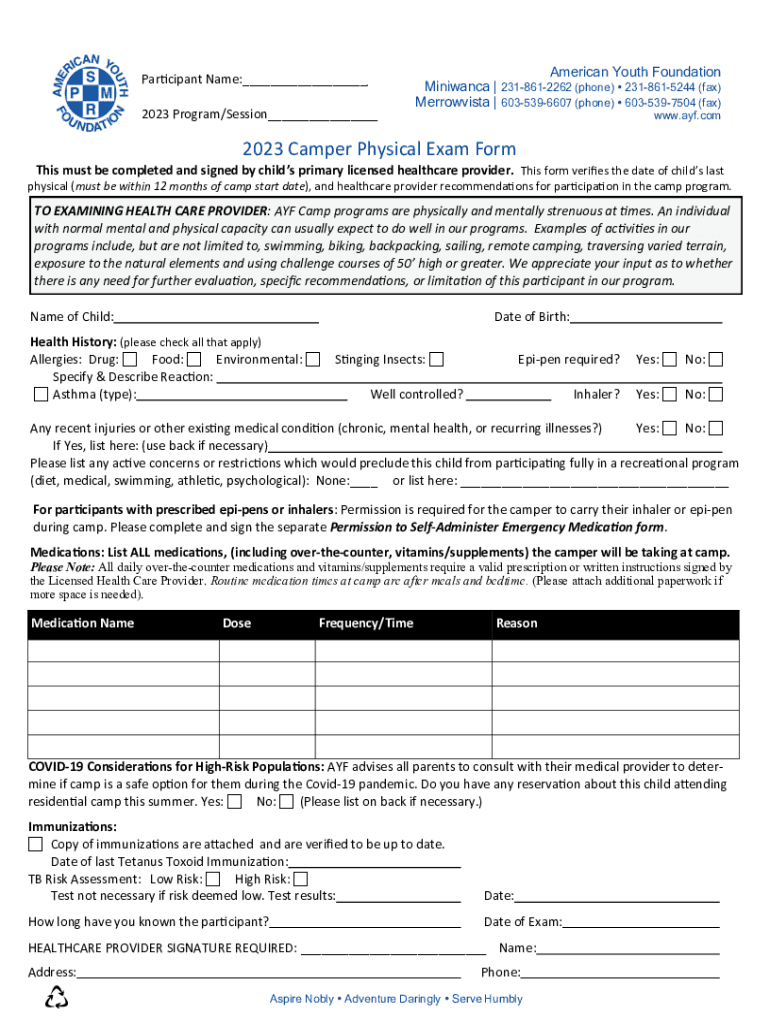 Fillable Online 2023 Camper Physical Exam Form Fax Email Print - pdfFiller