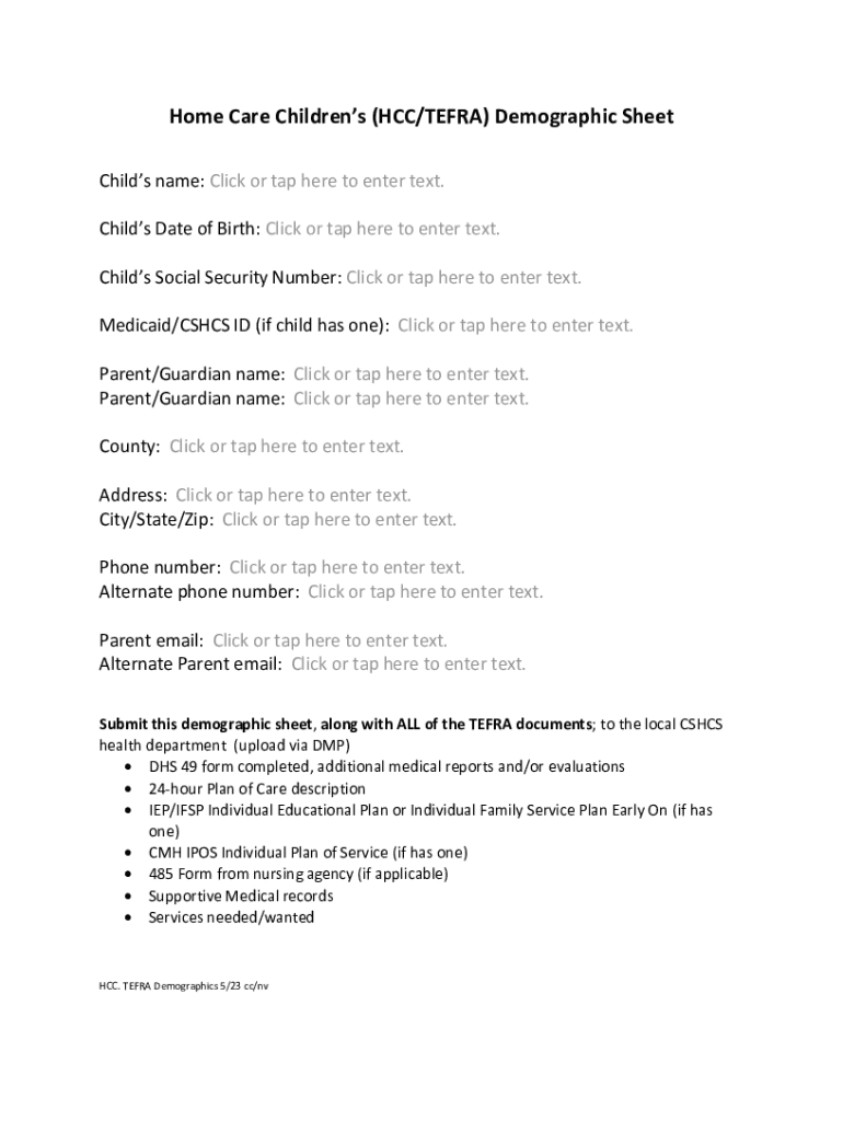 Fillable Online TEFRA Demographic Form. TEFRA Demographic Form Fax ...
