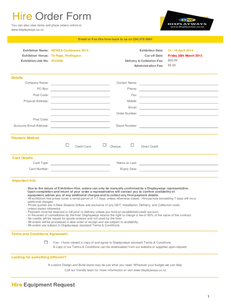 Fillable Online Hire Order Form Fax Email Print - pdfFiller