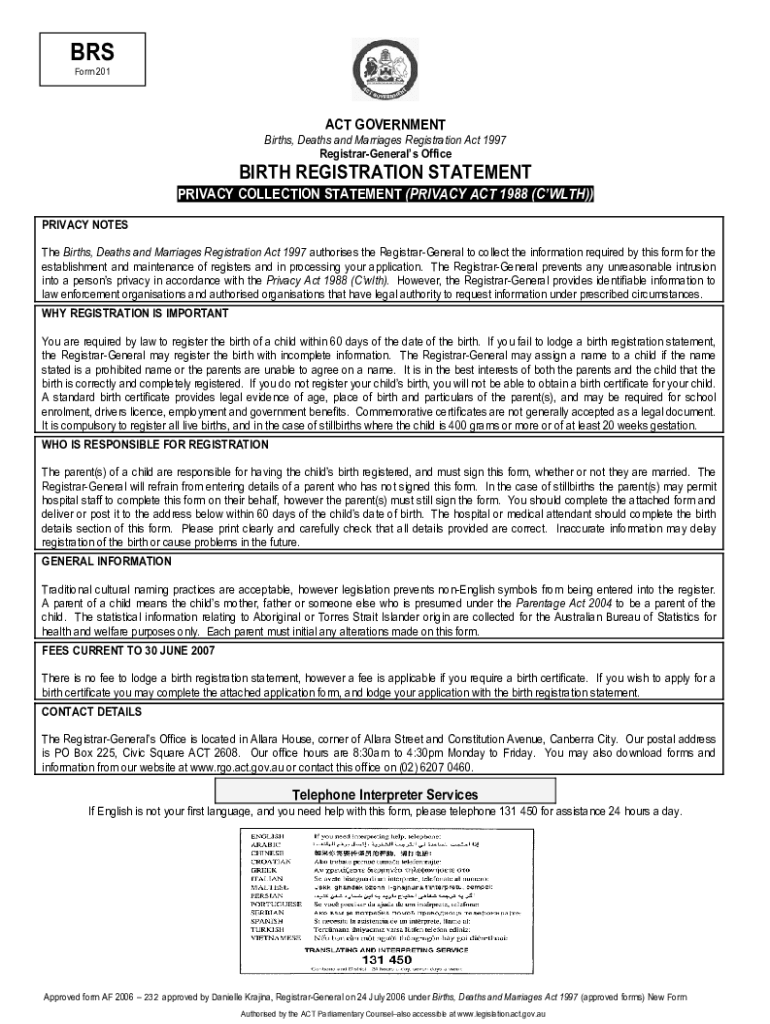 Fillable Online Form 201 - BRS - Birth Registration Statement.doc Fax ...