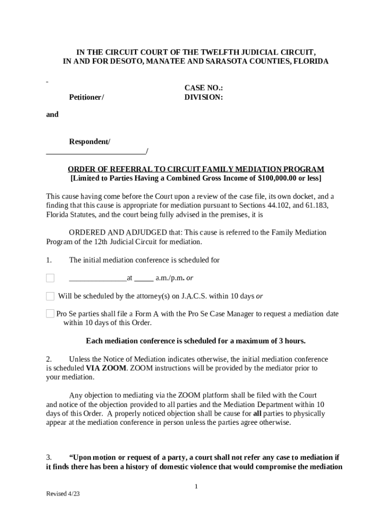 Order of Referral to Circuit Family Mediation Program Doc Template ...