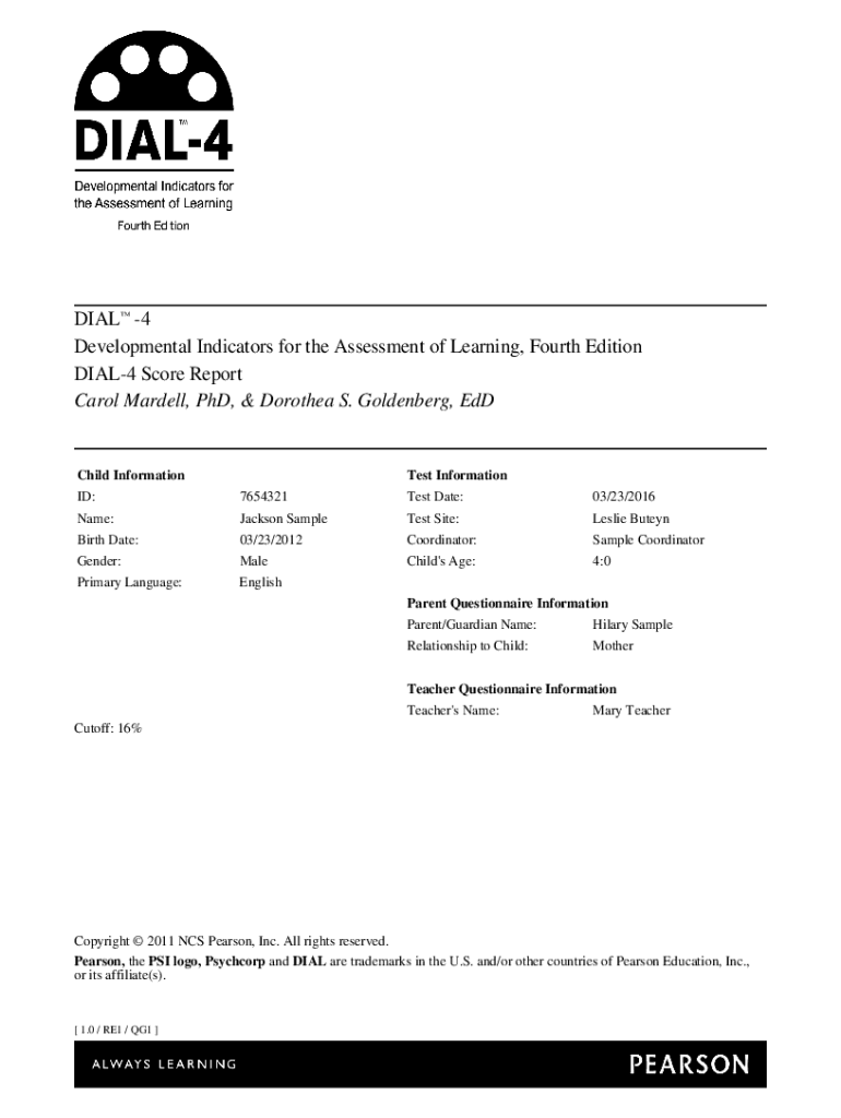 Fillable Online DIAL-4 Sample Score Report English Fax Email Print ...