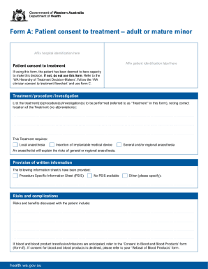 Fillable Online Form A: Patient consent to treatment adult or mature minor Fax Email Print ...