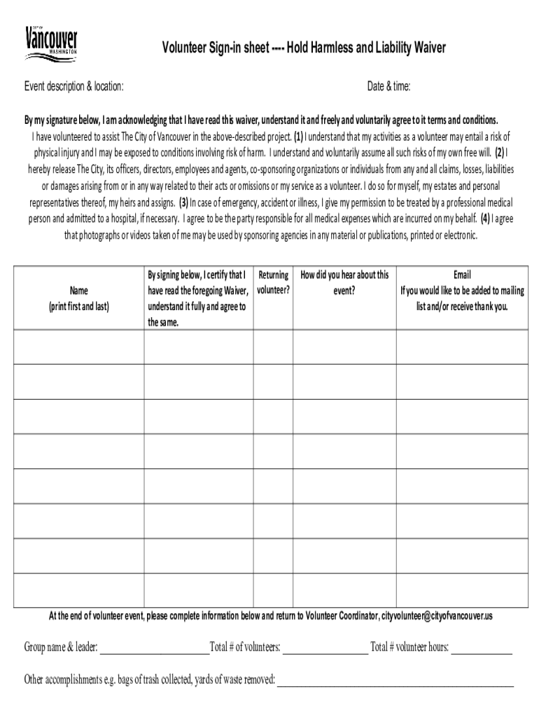 Fillable Online Volunteer Sign-in sheet ---- Hold Harmless and ...
