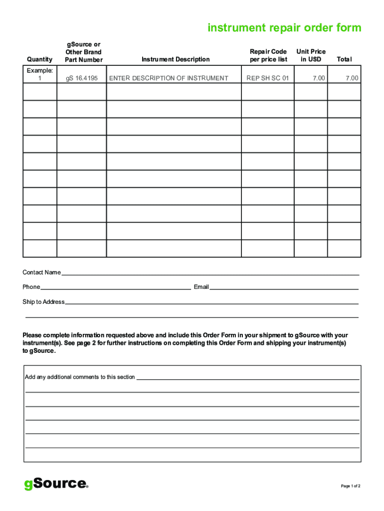 Fillable Online Instrument Repair Order Form. Fax Email Print - pdfFiller