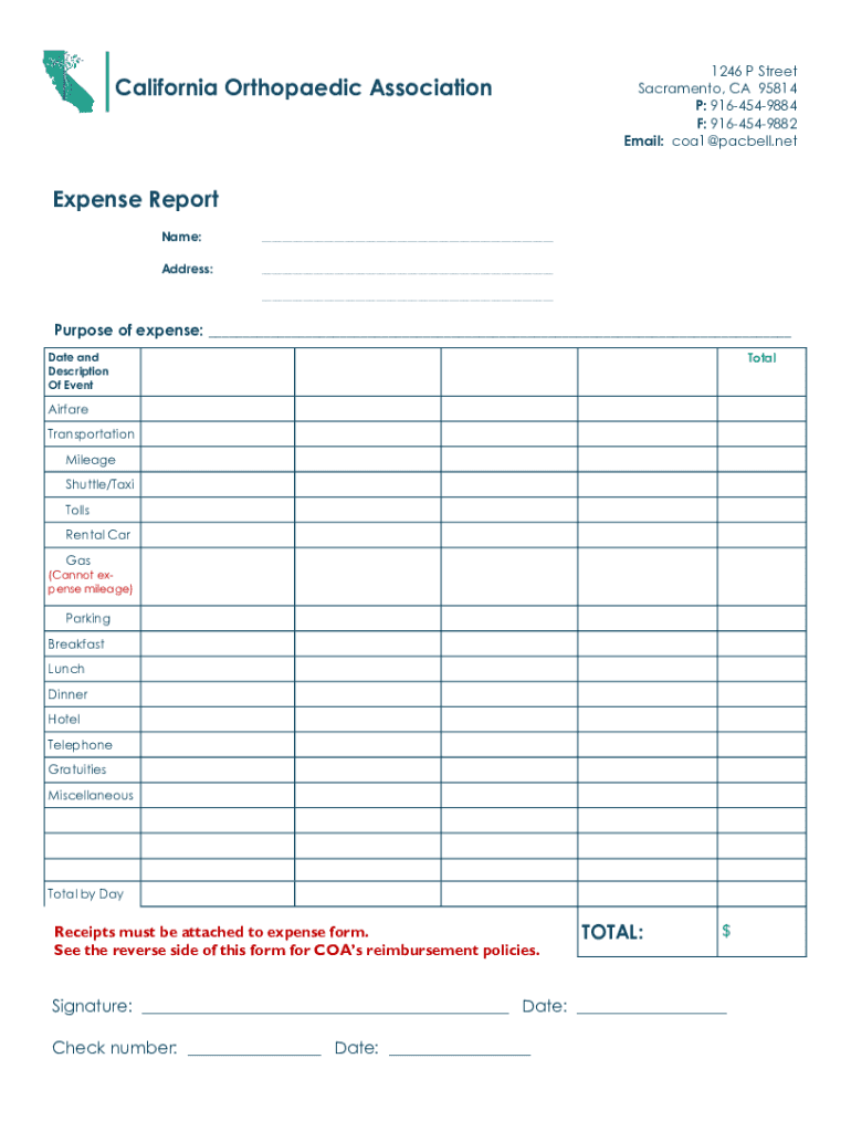 Fillable Online California Orthopaedic Association Expense Report Fax Email Print - pdfFiller