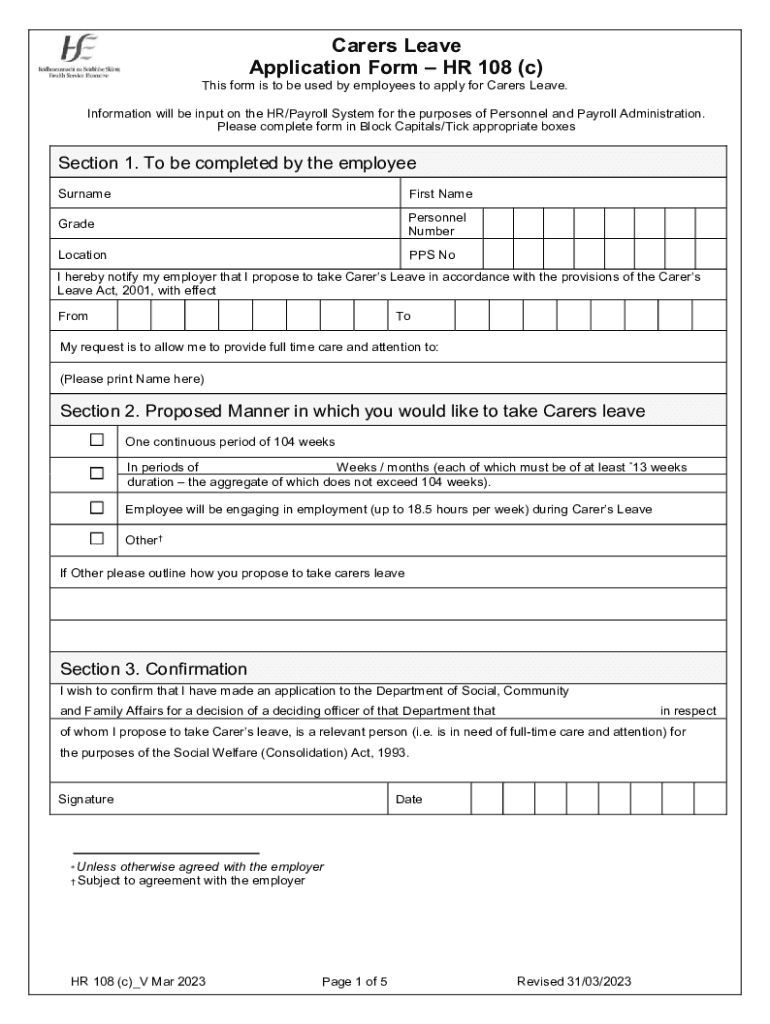 Fillable Online Fillable Hr-108-c-carers-leave-form HR108c Carers Leave ...