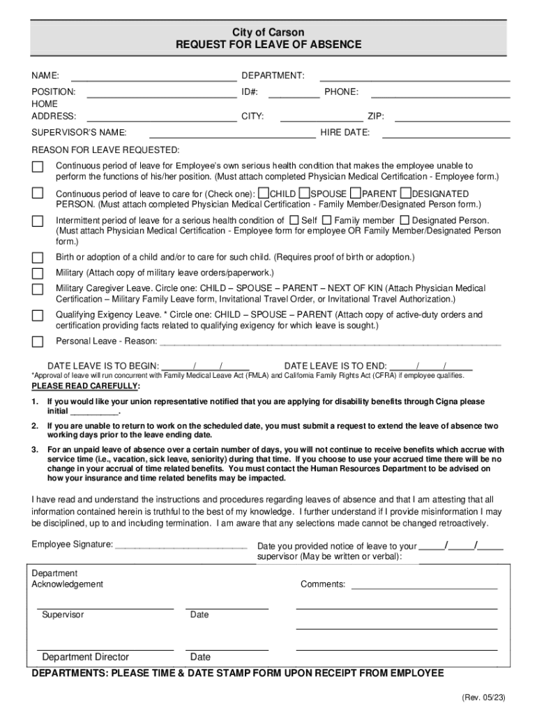 Fillable Online ci carson ca Medical Leave Forms - City of Carson, California Fax Email Print ...